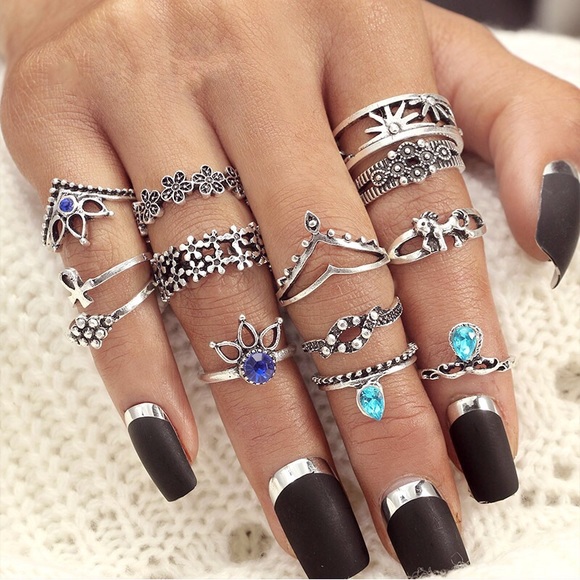 Jewelry | 13 Pcs Bohemian Retro Silver Crystal Gem Ring Set | Poshmark
